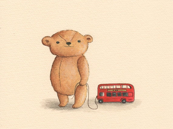 Teddy Bear With Red Bus, Art Print, Nursery Decor, London Nursery Art ...