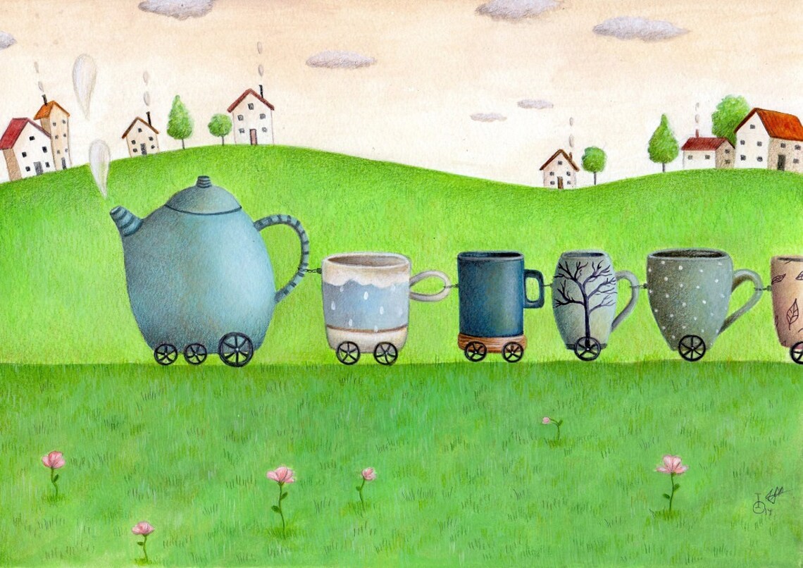 Tea Time Train, Art Print, Watercolor Print, Whimsical Art, Nursery ...
