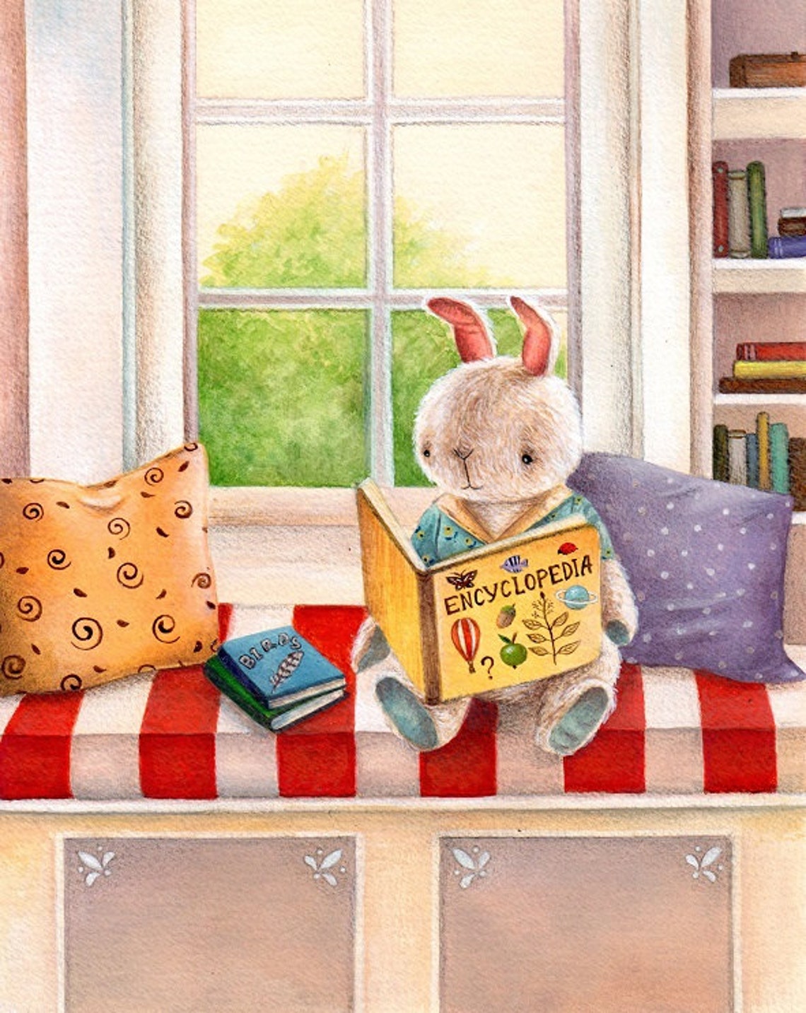 Bunny Reading Art Print Whimsical Art Watercolour Print - Etsy