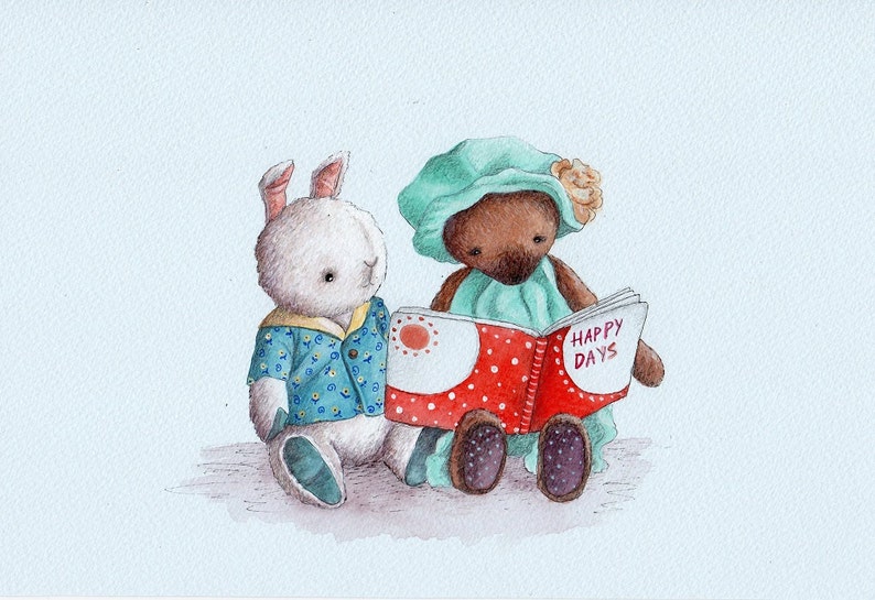 Nursery Art Print, Teddy Bear and Bunny Reading a Story - Etsy
