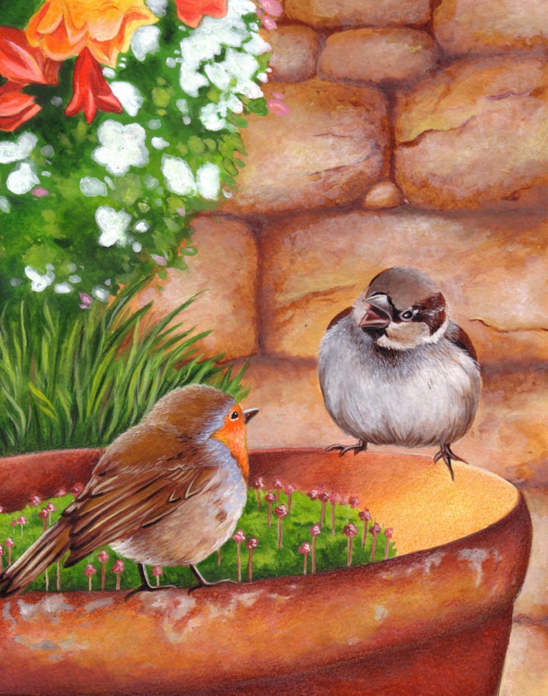 Robin and Sparrow Sharing News Art Print From an Original - Etsy