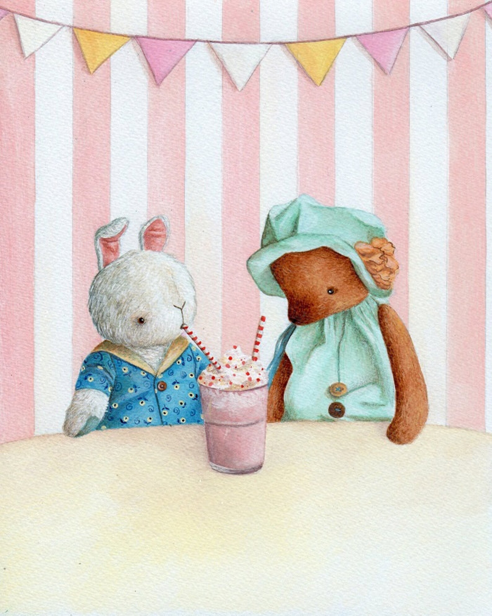 Nursery Art Print, Teddy Bear and Bunny Sharing Milkshake - Etsy