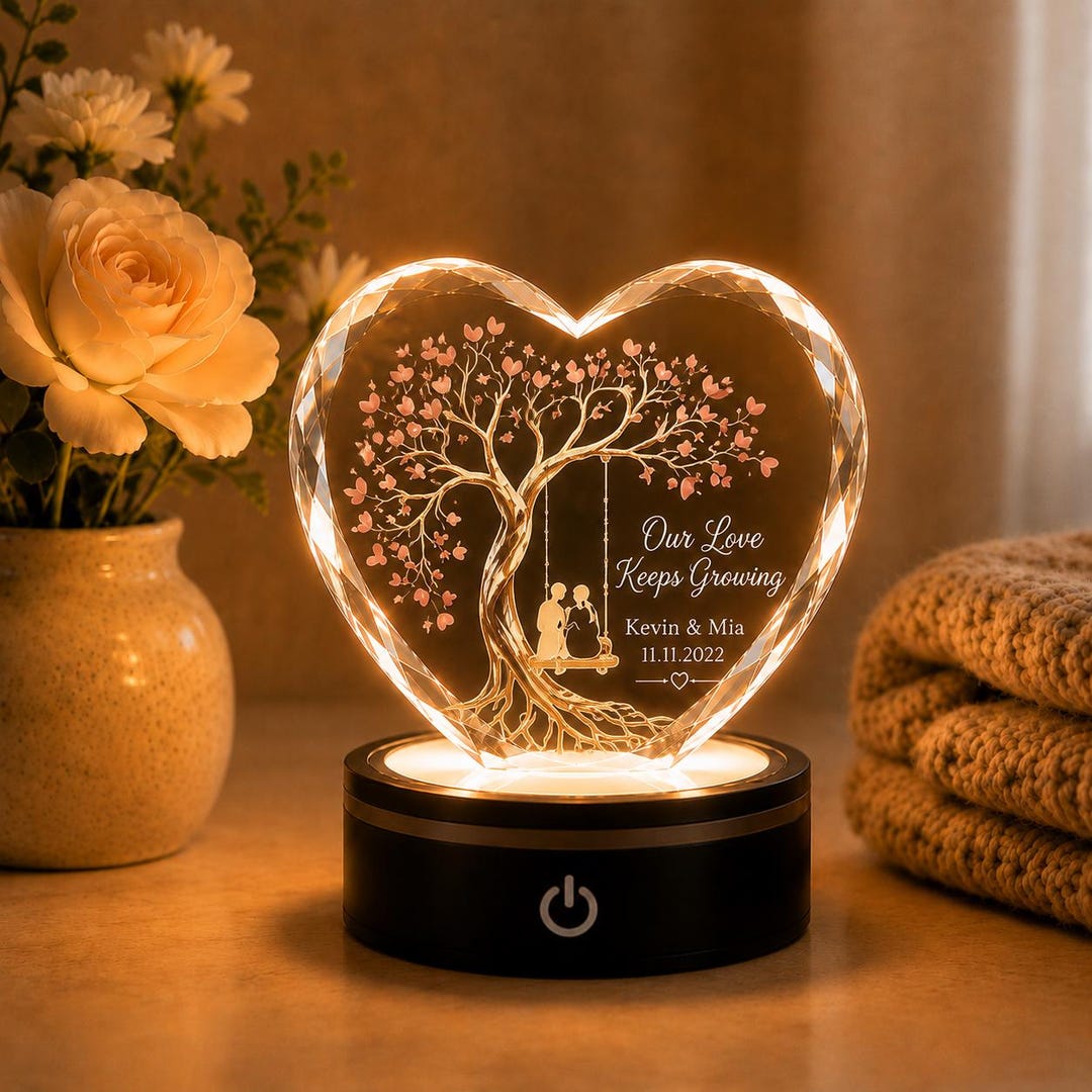 Personalized Crystal Heart Lamp, Custom Couple Gift, Anniversary LED ...