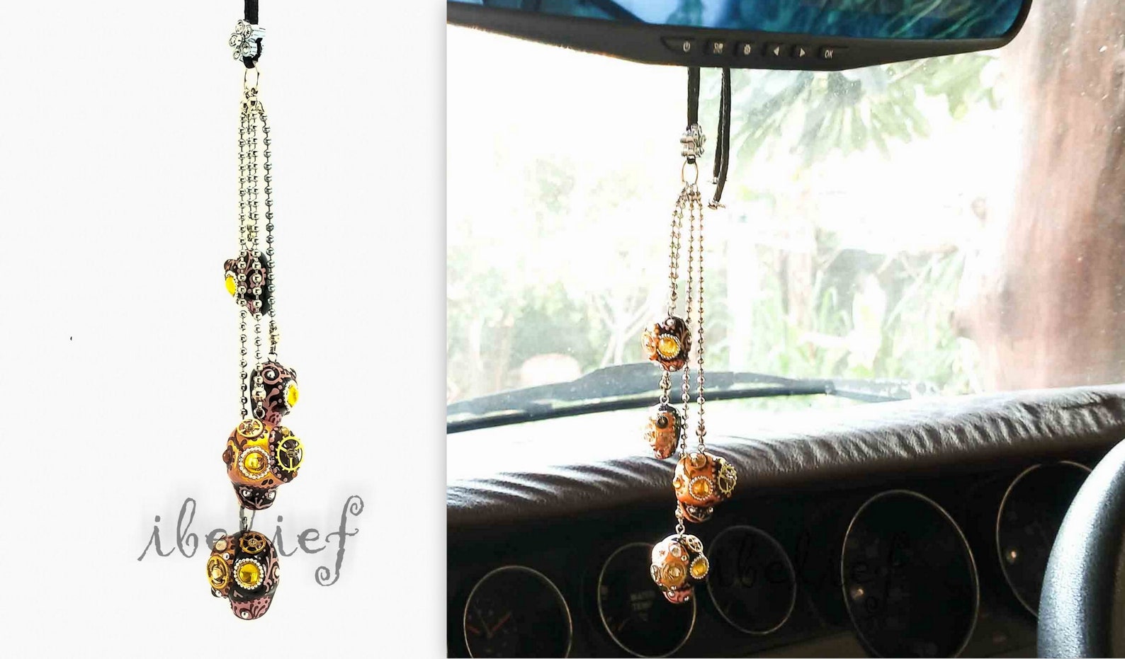 Steampunk 4 Skulls Charm Hang Rear View Mirror for Car - Etsy