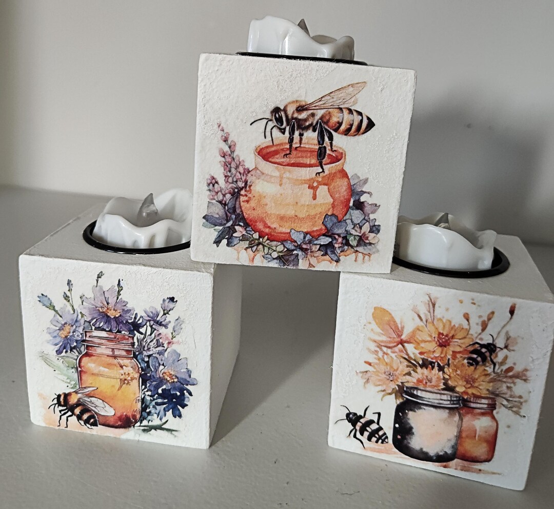 Tiered Tray Decor Bumble Bee Honey Bee Art Decoupaged Tea Light Holders ...