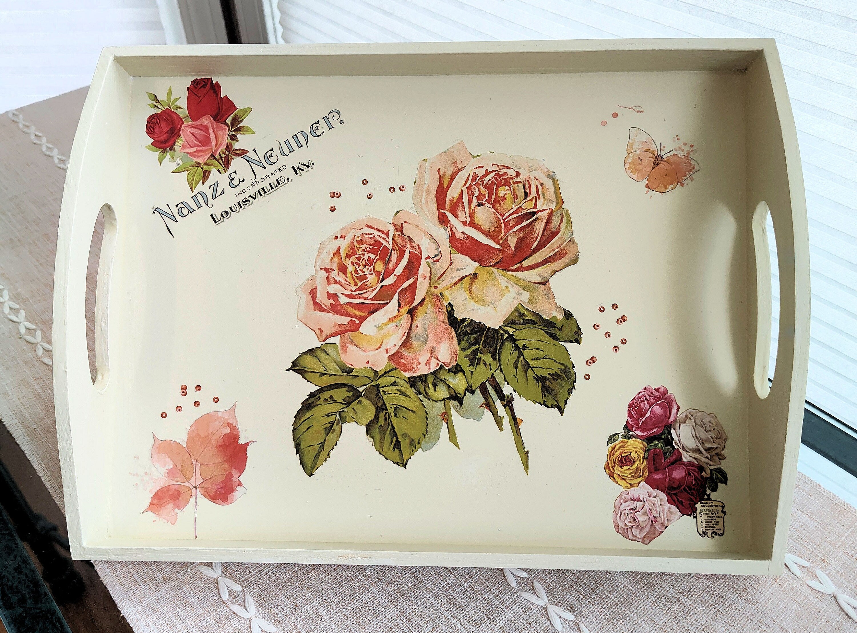 One of a Kind Lap Tray Desk With Peach, Pink and Red Flowers Wooden ...