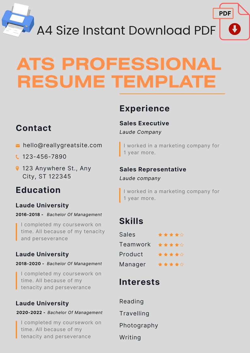ATS Professional Resume Template, ATS Friendly, A4 Size Printable. - Etsy