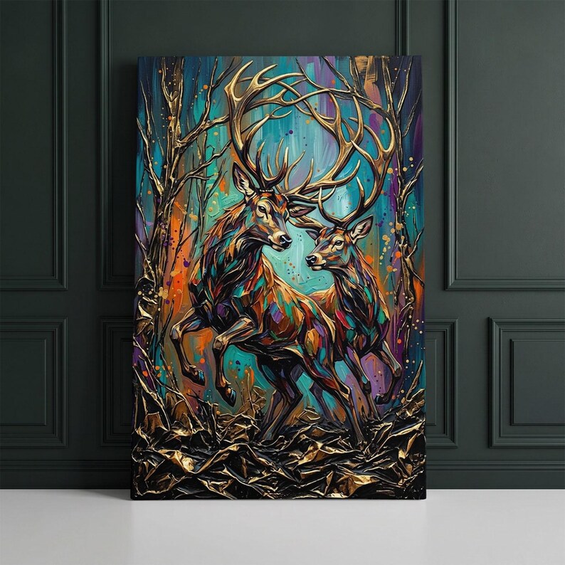Stag Canvas Print, Abstract Forest Deer Art, Vibrant Wildlife Wall ...