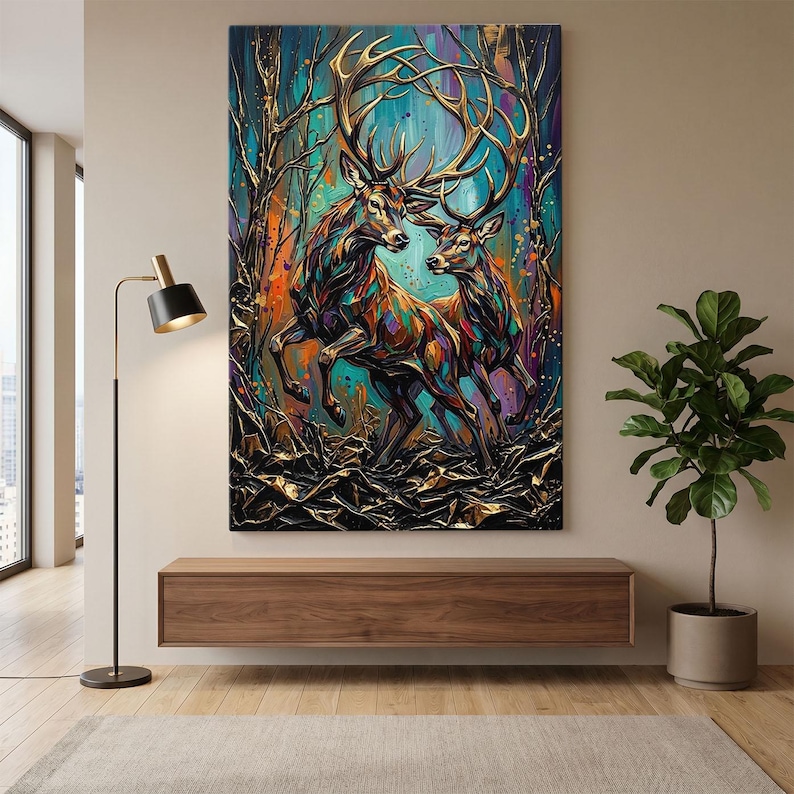 Stag Canvas Print, Abstract Forest Deer Art, Vibrant Wildlife Wall ...