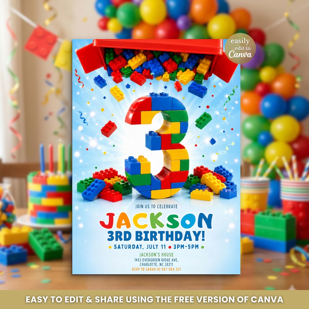 3rd Birthday Building Blocks Invitation, Toy Brick Blocks Party Invite ...
