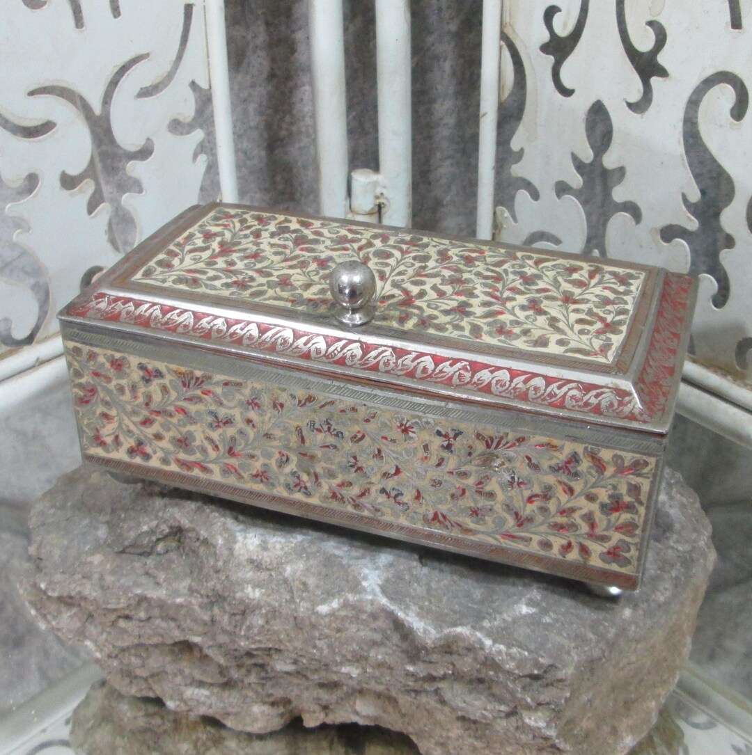 Vintage Silver Plate? Enamel Music Box Cigarette Box - Etsy