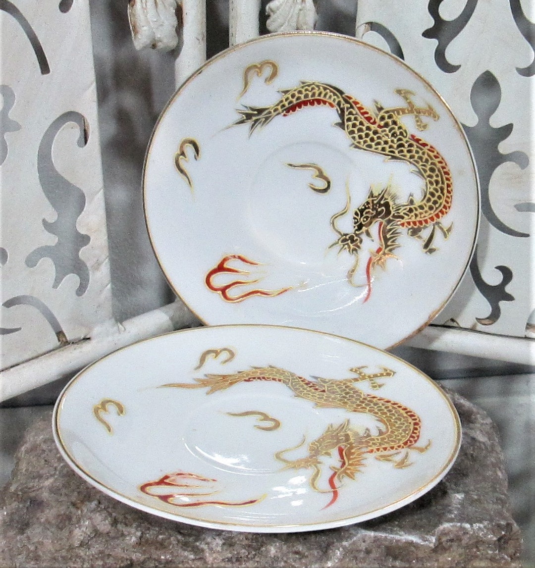 Vintage Pair White Chinese Dragon Ware Saucers - Etsy