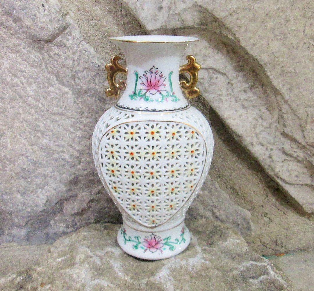 Vintage Reticulated White Porcelain Enamel Vase - Etsy