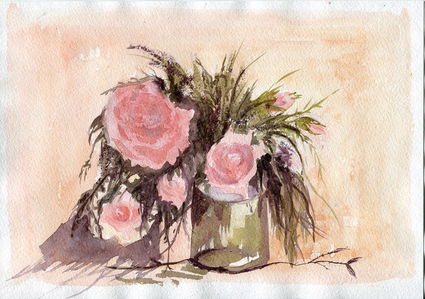 Still Life Watercolor Painting Roses Coral Pink and Olive Green Limited ...