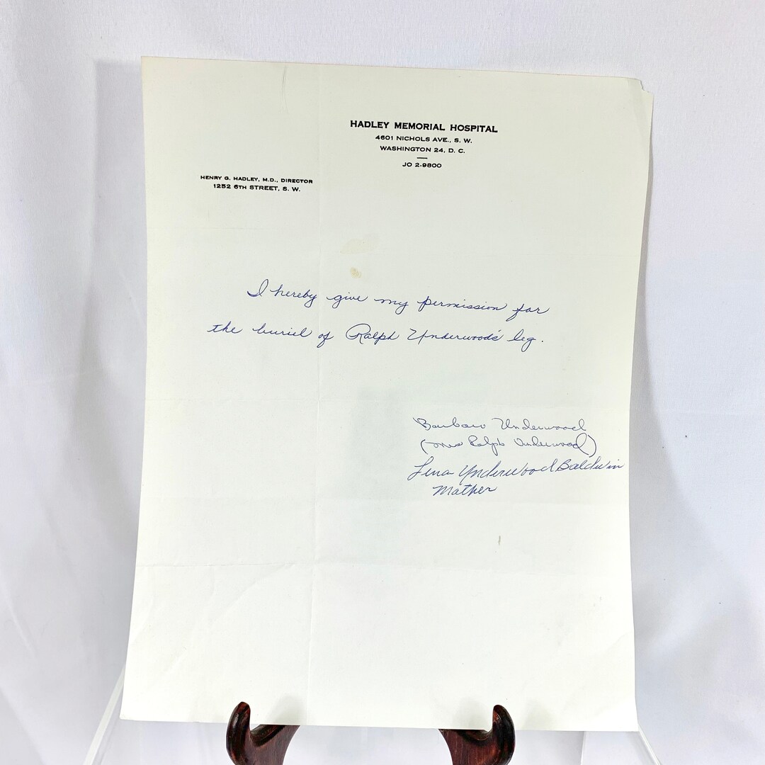 Rare Body Part Burial Permission Letter Hadley Memorial Washington DC ...