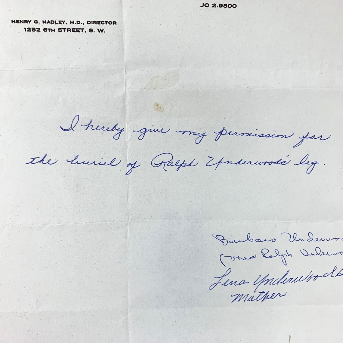 Rare Body Part Burial Permission Letter Hadley Memorial Washington DC ...