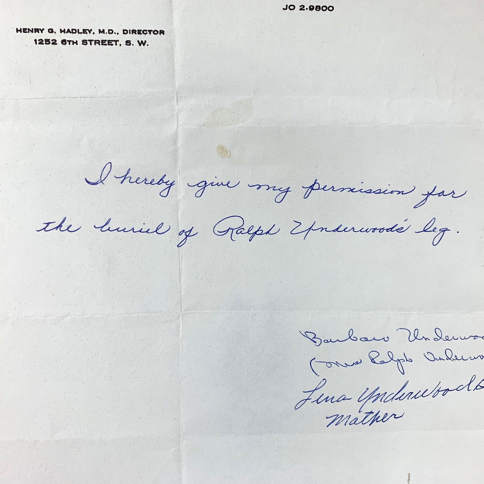 Rare Body Part Burial Permission Letter Hadley Memorial Washington DC ...