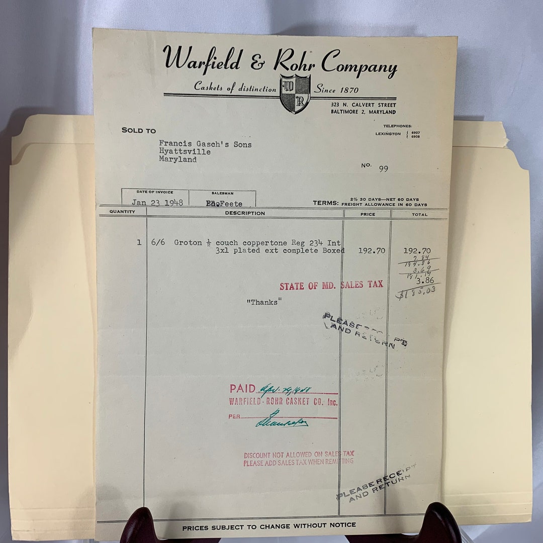 Warfield Rohr Casket Company Invoices 1940's, Death, Funeral - Etsy