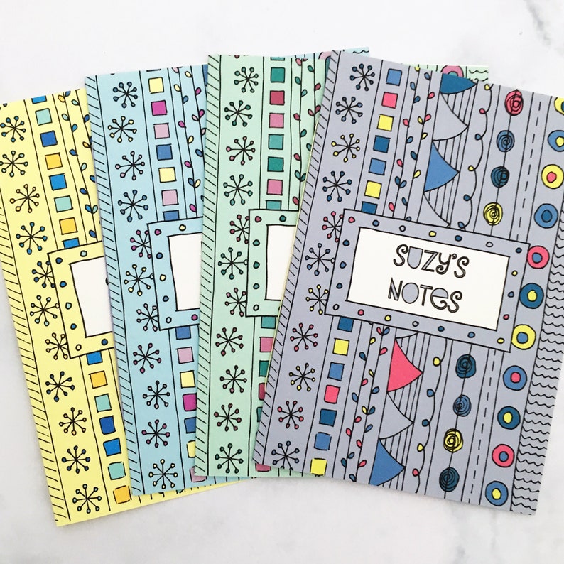 Personalised pocket size notepad with colourful doodles design | Etsy