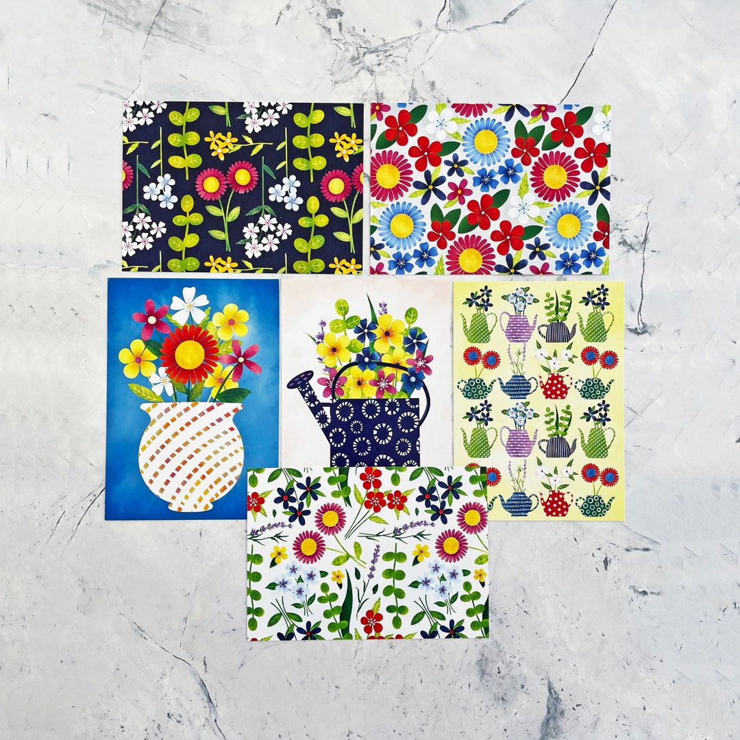 Flower Postcard Set With Hand-drawn Floral Patterns - Set of Six ...