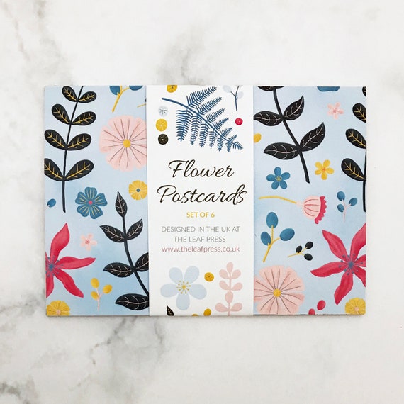 Flower postcard set with hand-drawn floral patterns set of | Etsy
