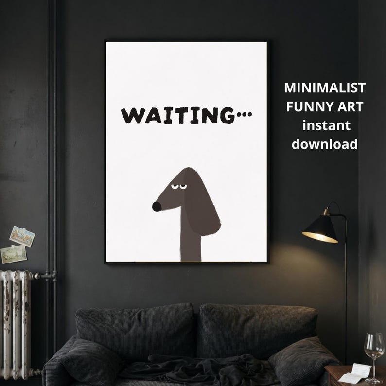 Funny Dog Office Print – Minimalist Waiting Illustration (digital ...