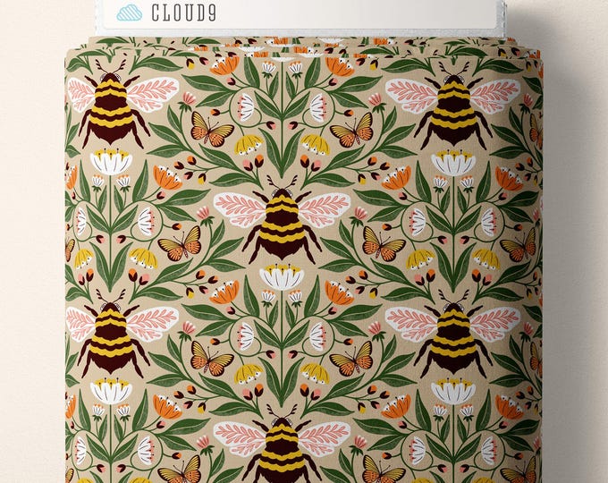 EOB, 1 Yard + 3”, Cloud 9 Organic Cotton Fabric, Bee-utiful | Tan From ...