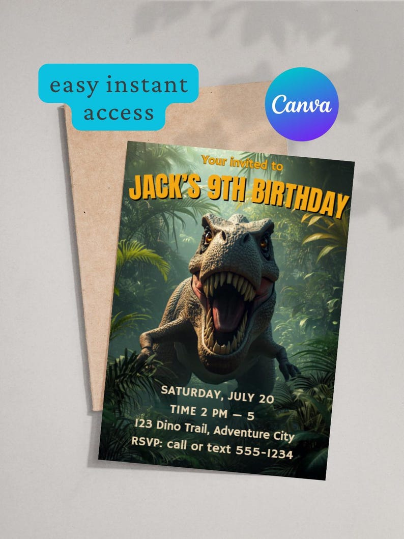 Editable T-rex Dinosaur Birthday Invitation • Jurassic Jungle Party ...