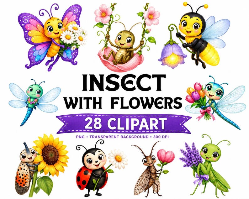 Spring Garden Insects Clipart, Watercolor Floral Bugs PNG Pack (digital ...