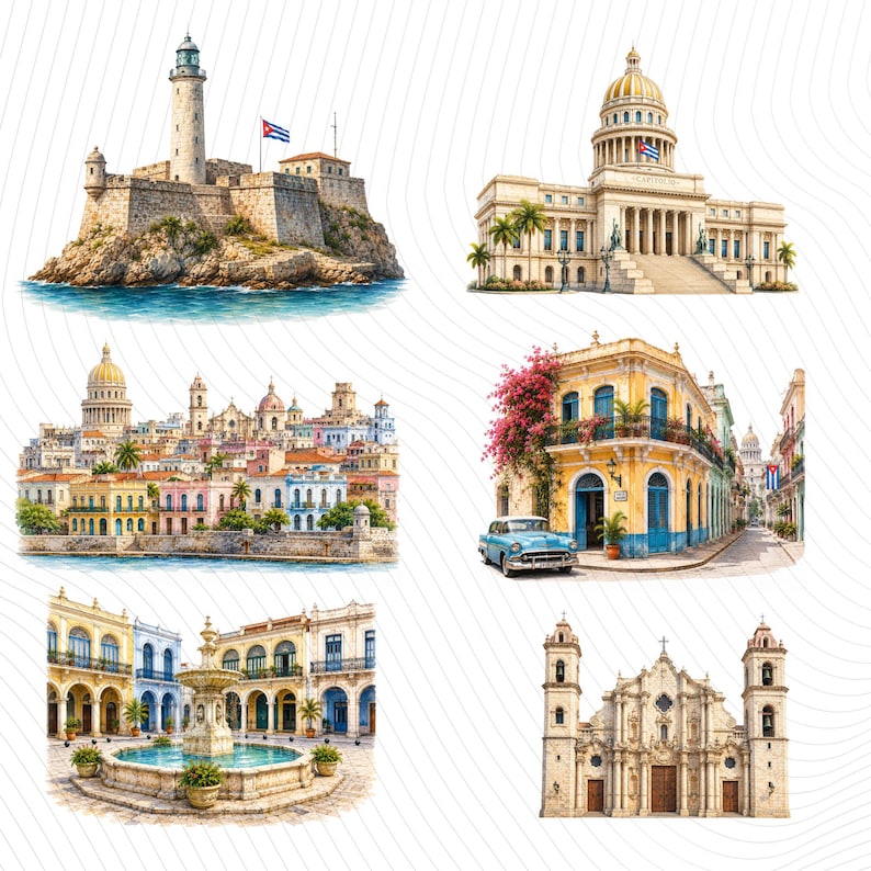 Cuba Travel Clipart Bundle | Watercolor Havana, Vintage Taxi, Cuban ...