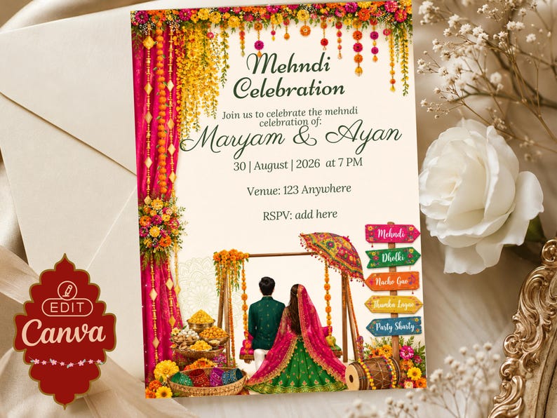 Floral Mehndi Invitation Template, Pakistani Wedding Dholki Invite ...