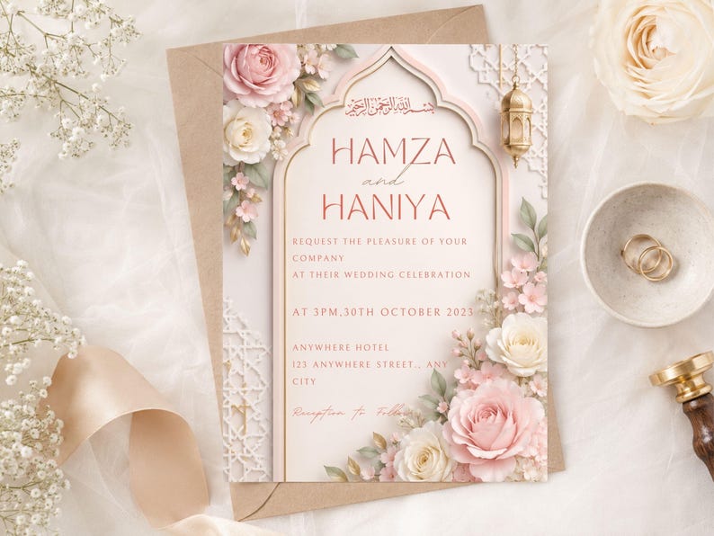 Islamic Wedding Invitation Template | Pastel Floral Nikah Invite ...