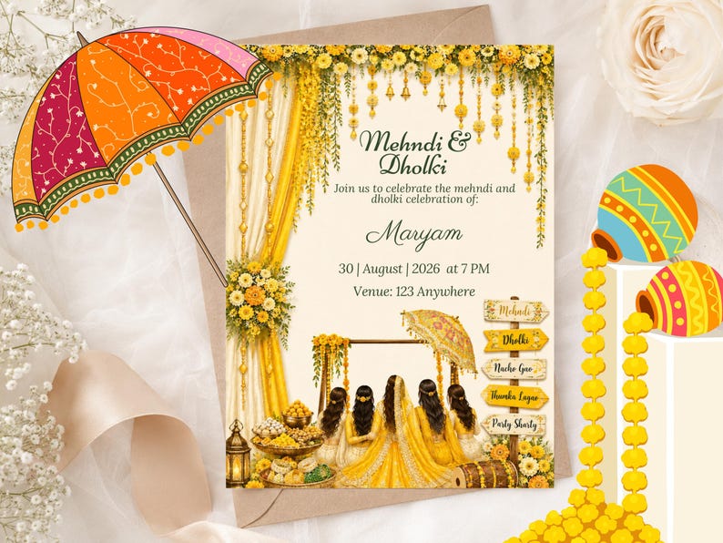 Editable Mehndi Dholki Invitation Template, Pakistani Wedding Invite ...