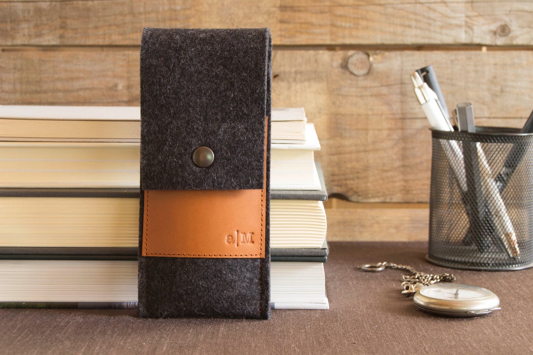 Felt and Leather PEN HOLDER - Charcoal and Tan - Pencil Case - Wool ...