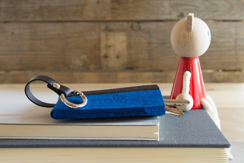 Handmade Wool Felt Key Holder: Blue & Black Leather Key Case - Etsy