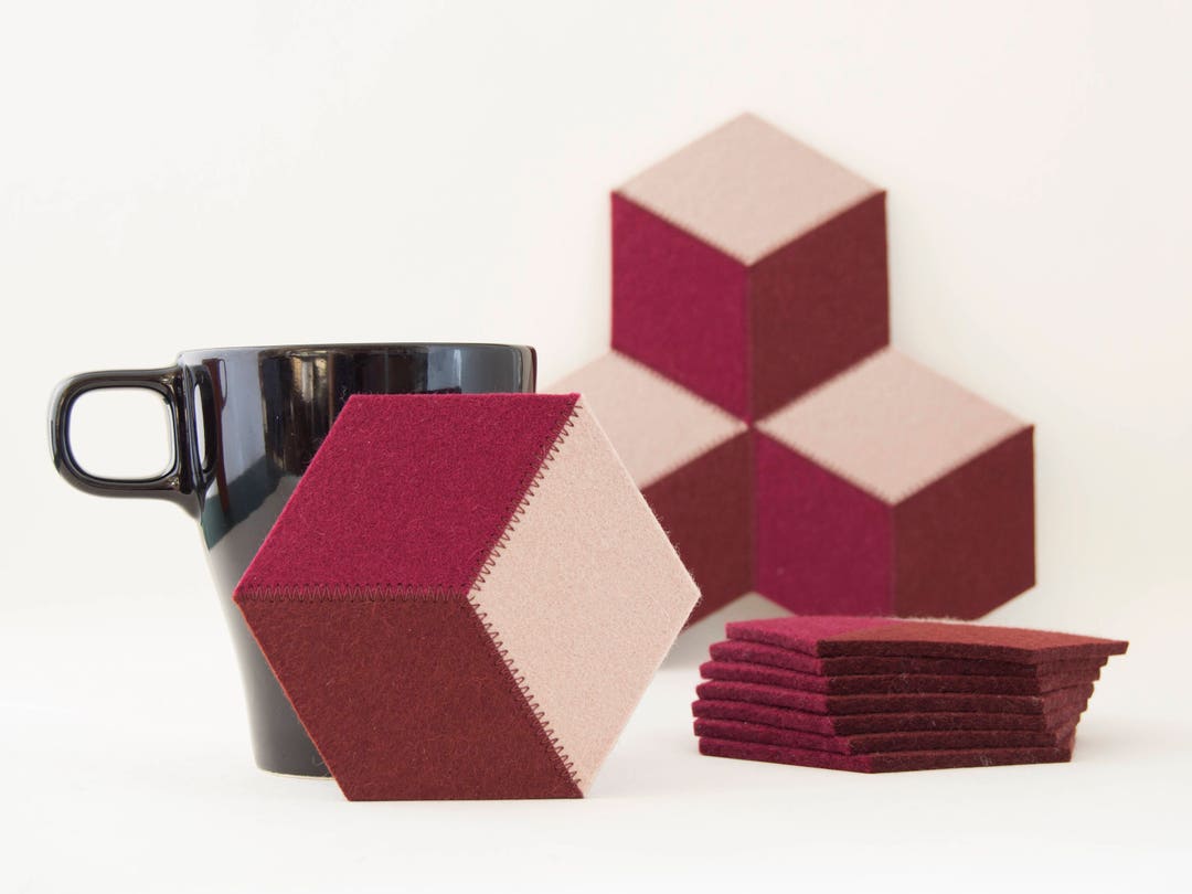 Set of Felt Coasters - Burgundy Coasters - Hexagonal Coasters - Wool ...