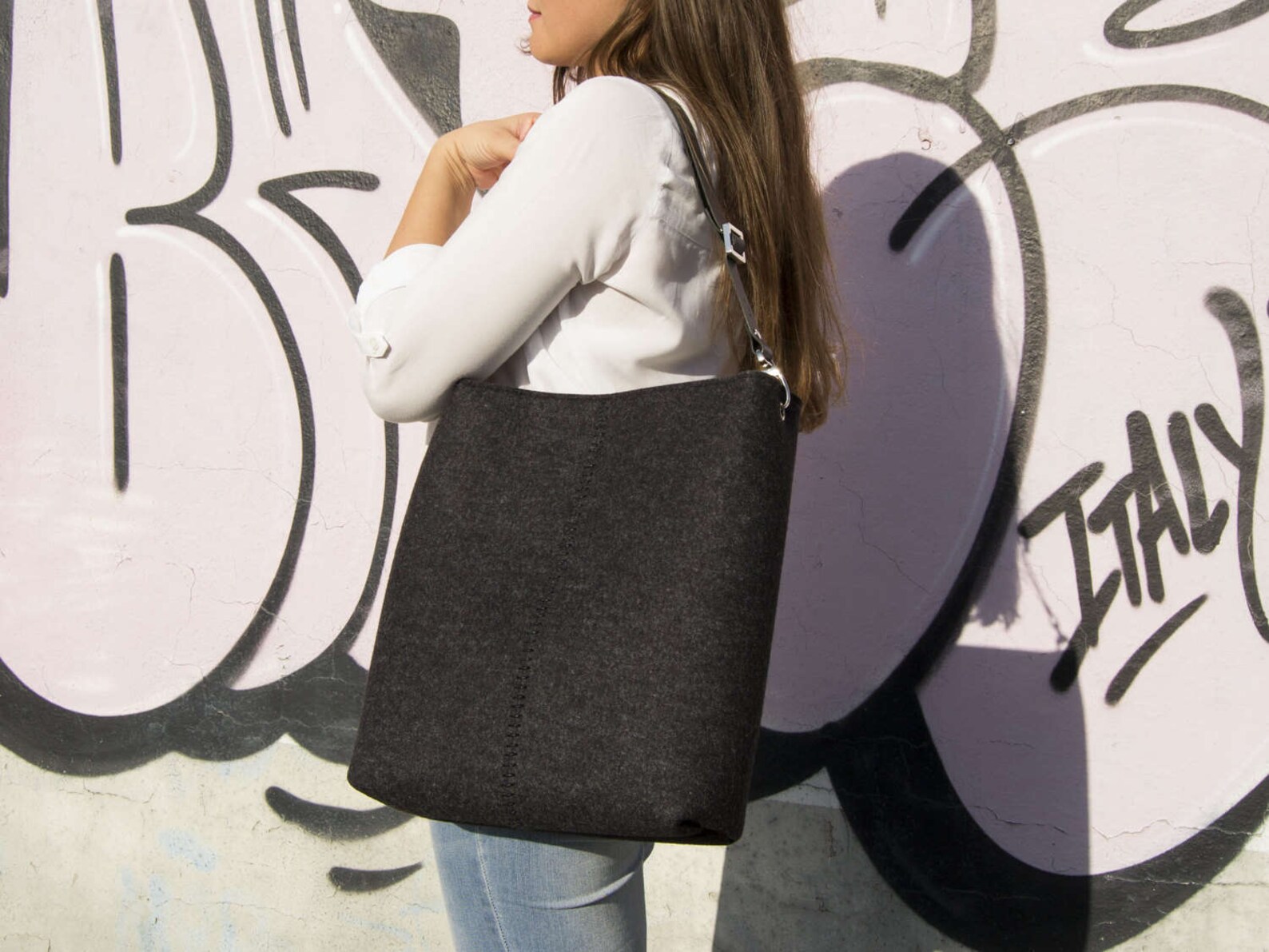 Large Felt SHOULDER BAG With Leather Strap Charcoal Black - Etsy