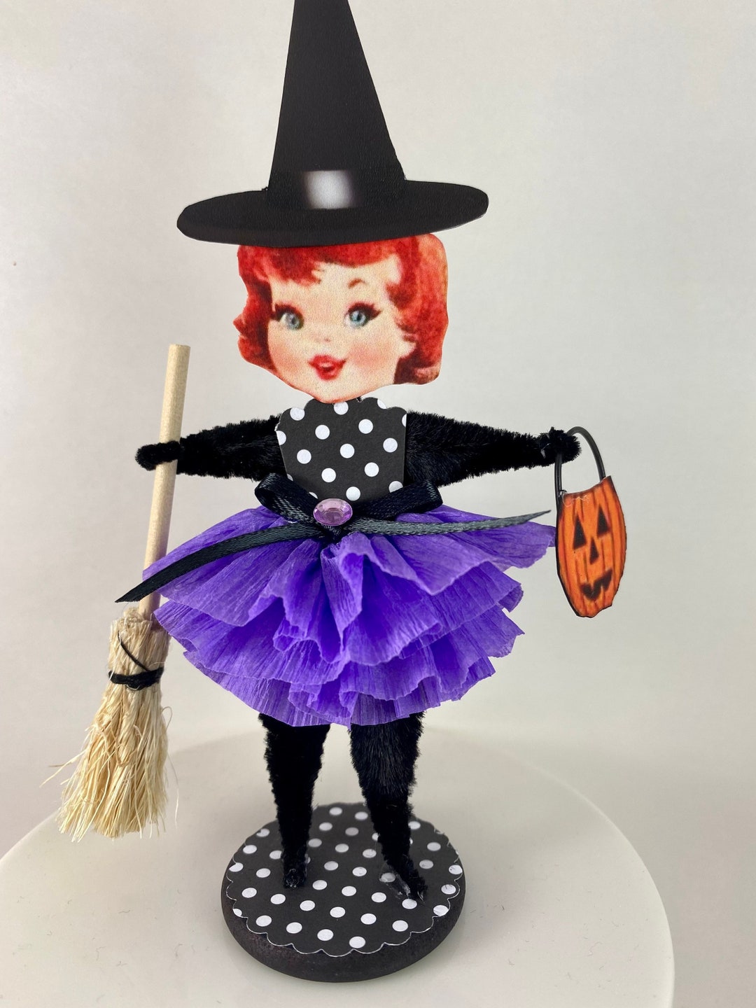 Retro Halloween Witch Bump Chenille Figure With Pumpkin and Broom - Etsy