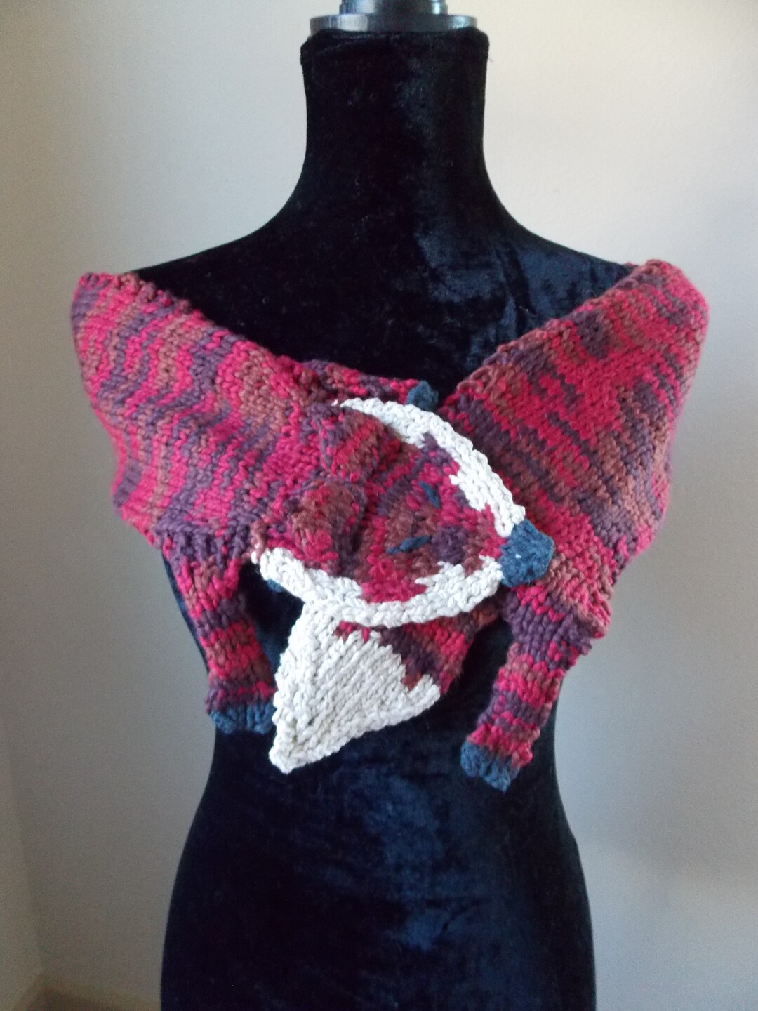 Knit Red Fox Scarf, Deep Red Faux Fur, Imitation Fox Stole Knitted From ...
