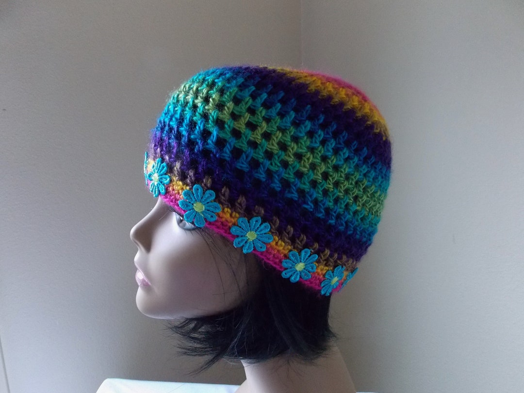 Rainbow Daisy Hippie Hat, Crochet Lacy Juliet Cap With Blue Flower ...