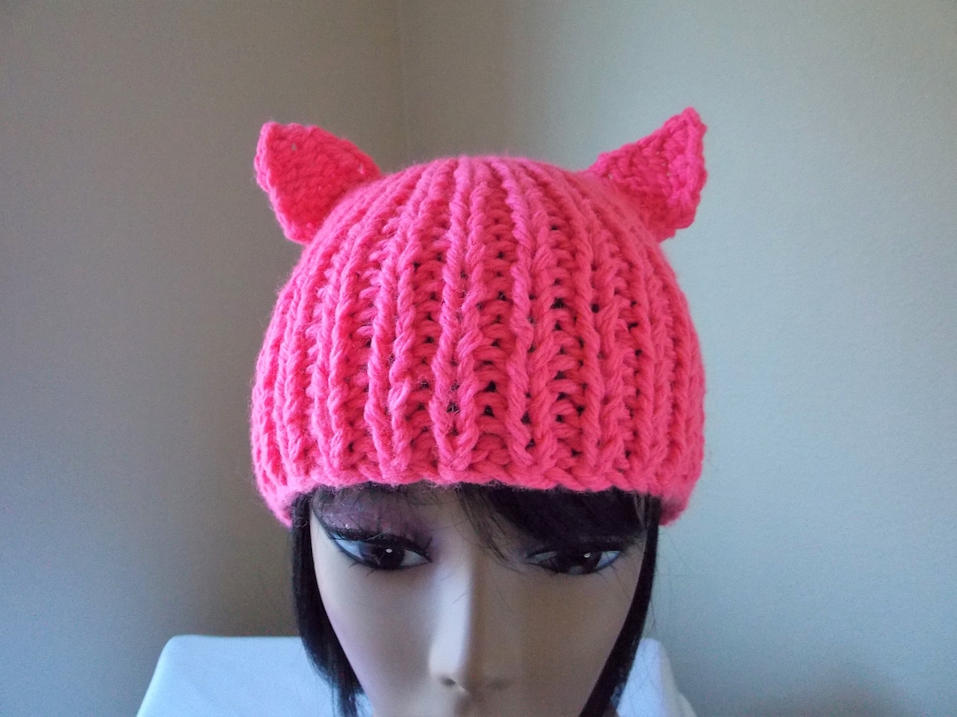 Knit pink beanie with cat ears, hot pink stocking cap handmade from wool blend yarn, pussycat ...