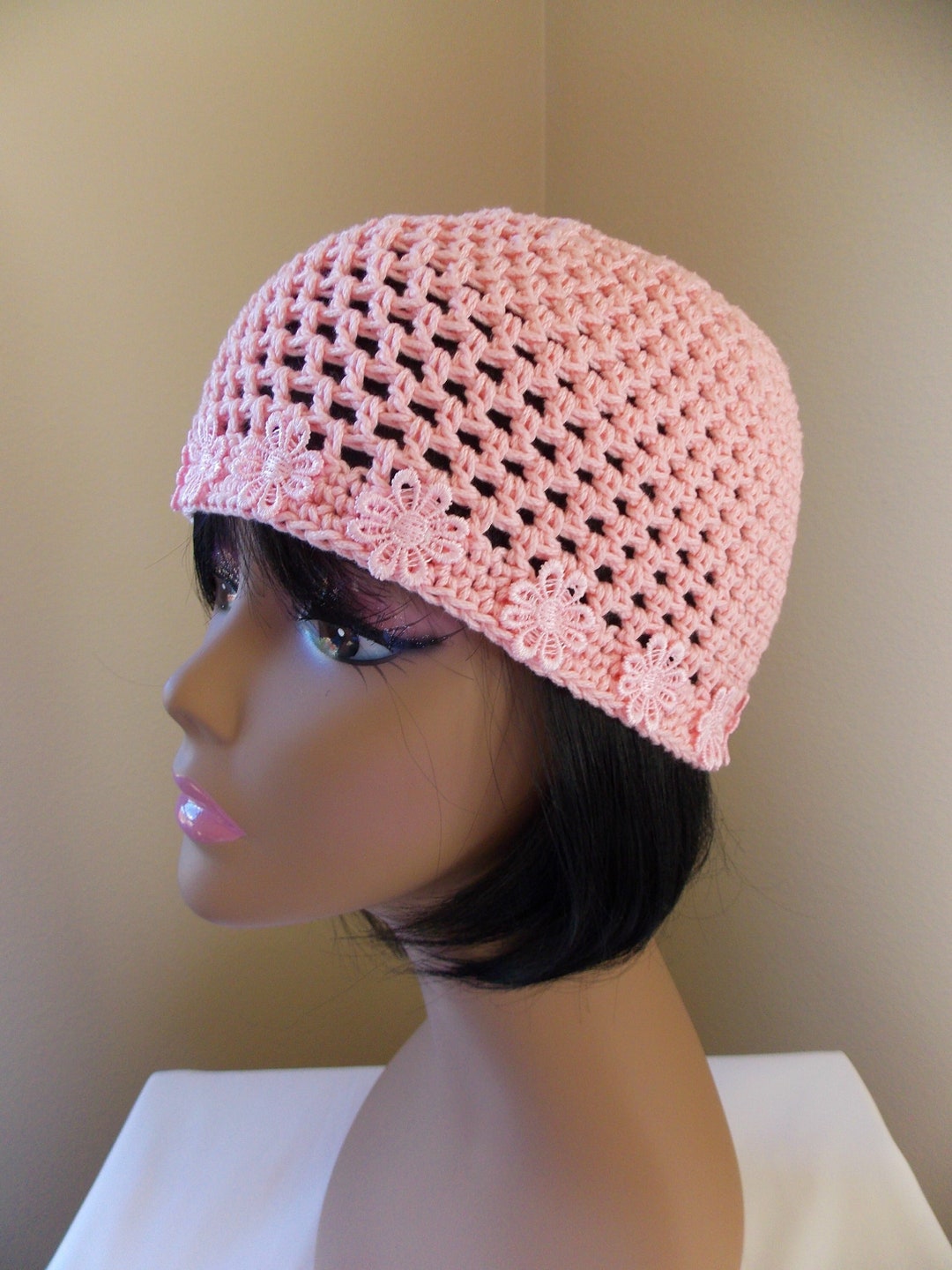 Petal Pink Crochet Cap With Flower Appliques on the Edge, Cotton ...