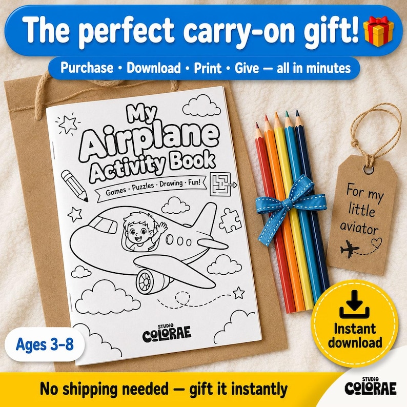 Kids Airplane Activity Book | Printable Travel Games | Coloring Puzzles ...