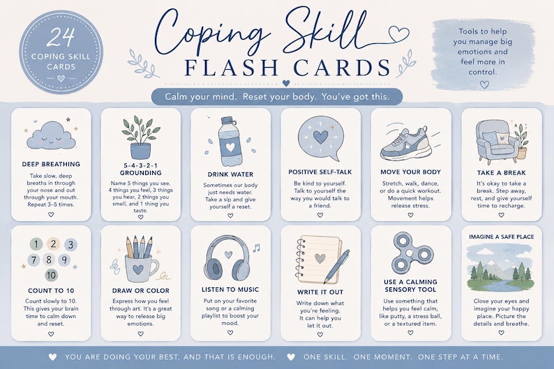 24 Coping Skill Flash Cards | Anxiety, ADHD, Mental Health Support (PDF ...