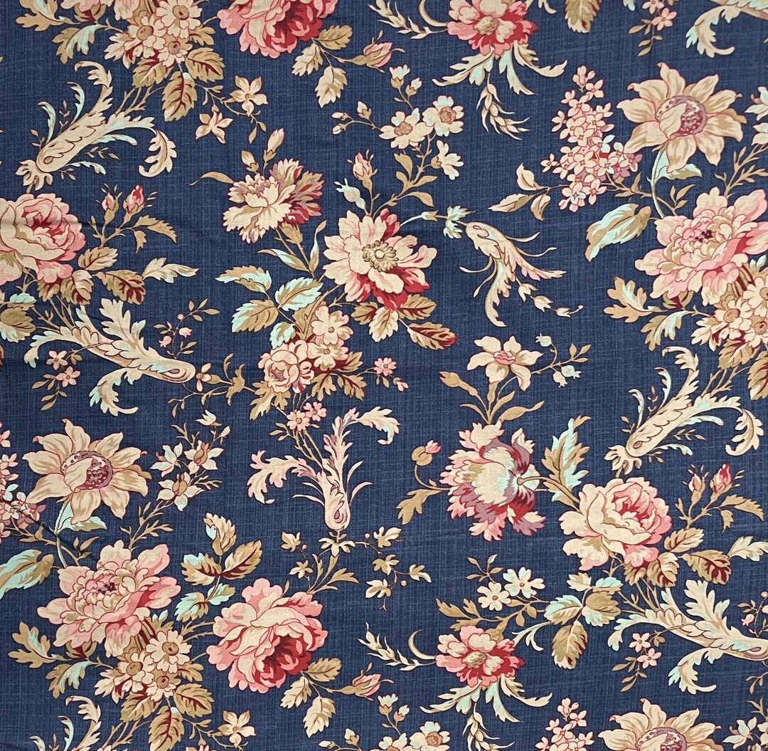 Blue With Pink Roses Floral Cotton Fabric, Robyn Pandolph, SSI, Country ...