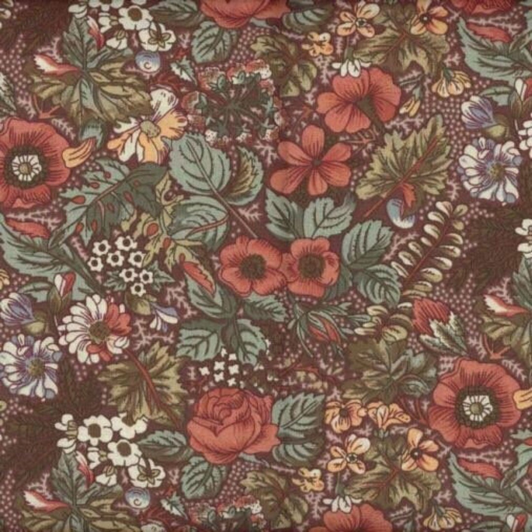 100% Cotton Brown Calico Fabric, Country Floral, Wild Flower, Quilting ...