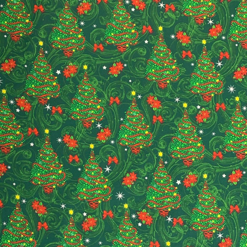 100% Cotton Green Christmas Tree Fabric Country Farmhouse | Etsy