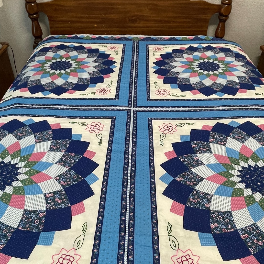 Pink and Blue Cheater Quilt Top With Hand Embroidery, Calico Cheater ...