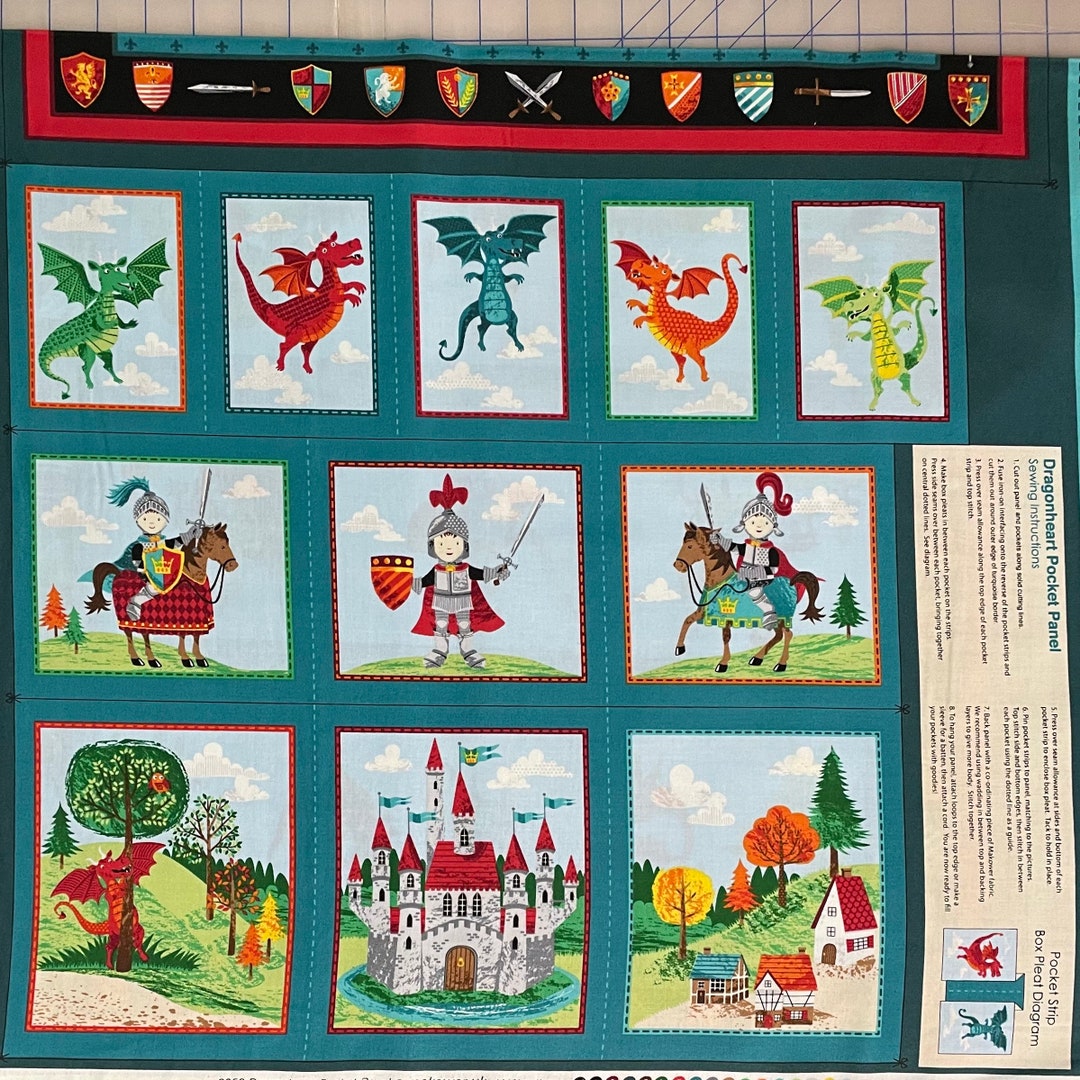 100% Cotton Dragonheart Pocket Panel Fabric, Dragons and Knights ...