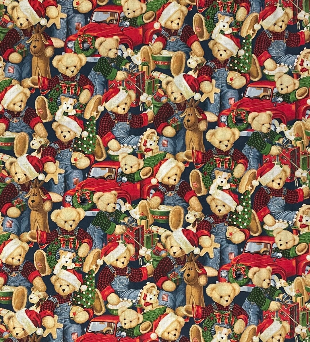 100% Cotton Teddy Bear Christmas Fabric, Nursery, Blue Jean Teddy Bears ...